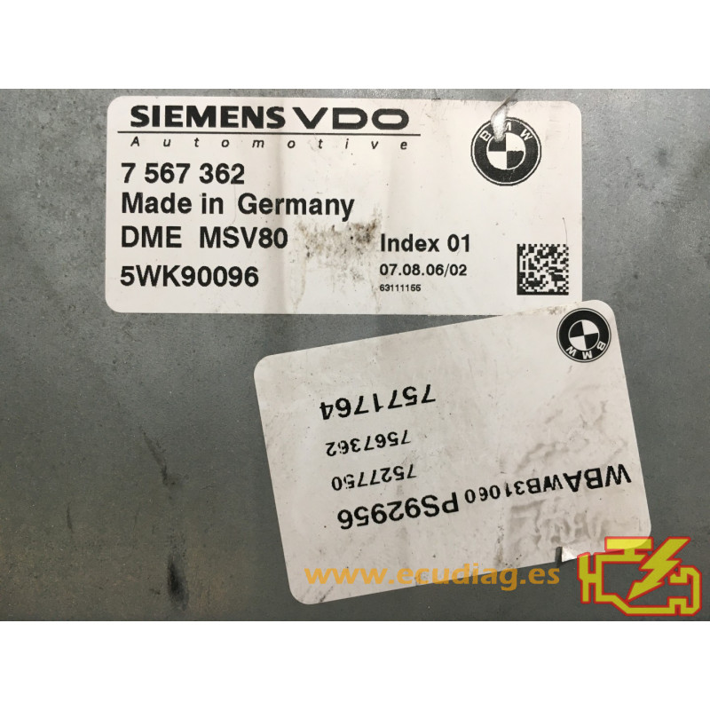 ENGINE ECU SIEMENS VDO DME MSV80 5WK90096 BMW E92 325i V 2.5i 220HP 7567362 / SW 7571764 ...